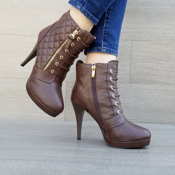 Shoes | Brown Quilted Platform High Heels Bootiesr | Poshmark